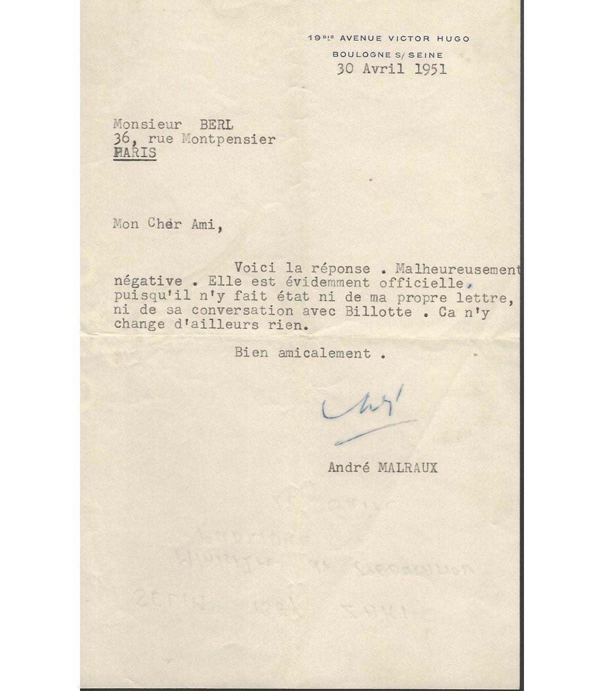 MALRAUX André, écrivain et homme politique. Lettre Signée à Emmanuel ...