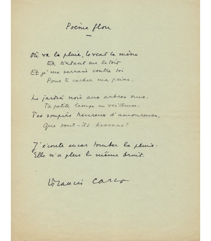 CARCO Francis, romancier, poète. Poème Autographe (G 5424)